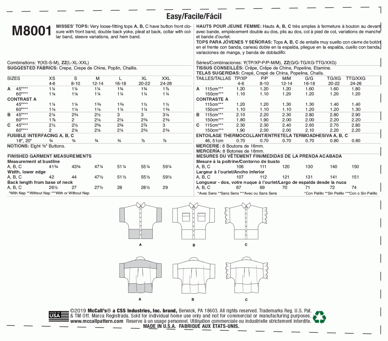 McCall’s Sewing Pattern M8001 Misses’ Tops - Sewdirect