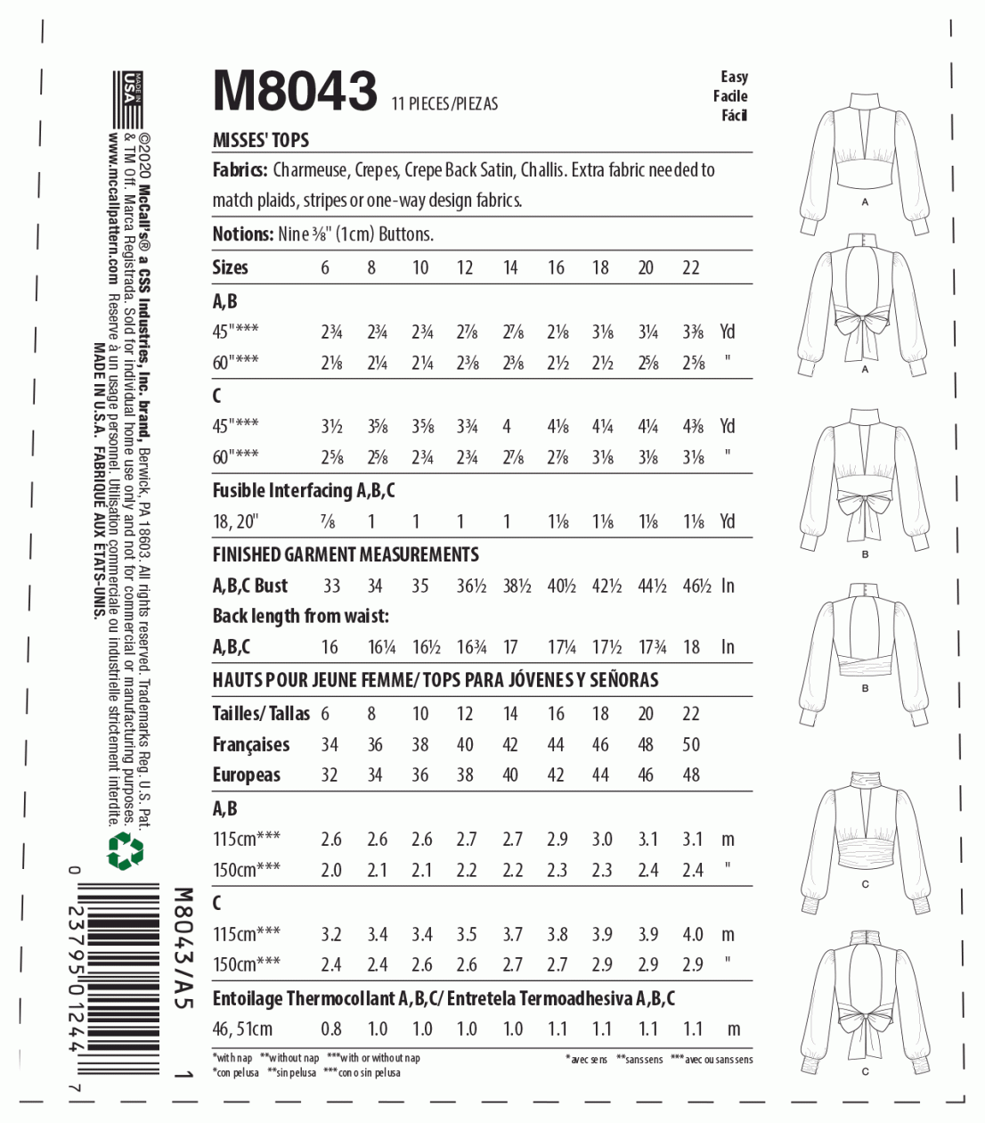 McCall’s Sewing Pattern M8043 Misses’ Tops #AlisterMcCalls - Sewdirect