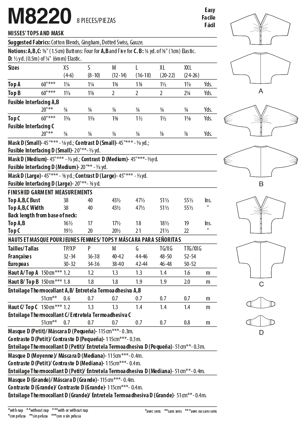 McCall’s Sewing Pattern M8220 Misses’ Tops & Mask - Sewdirect