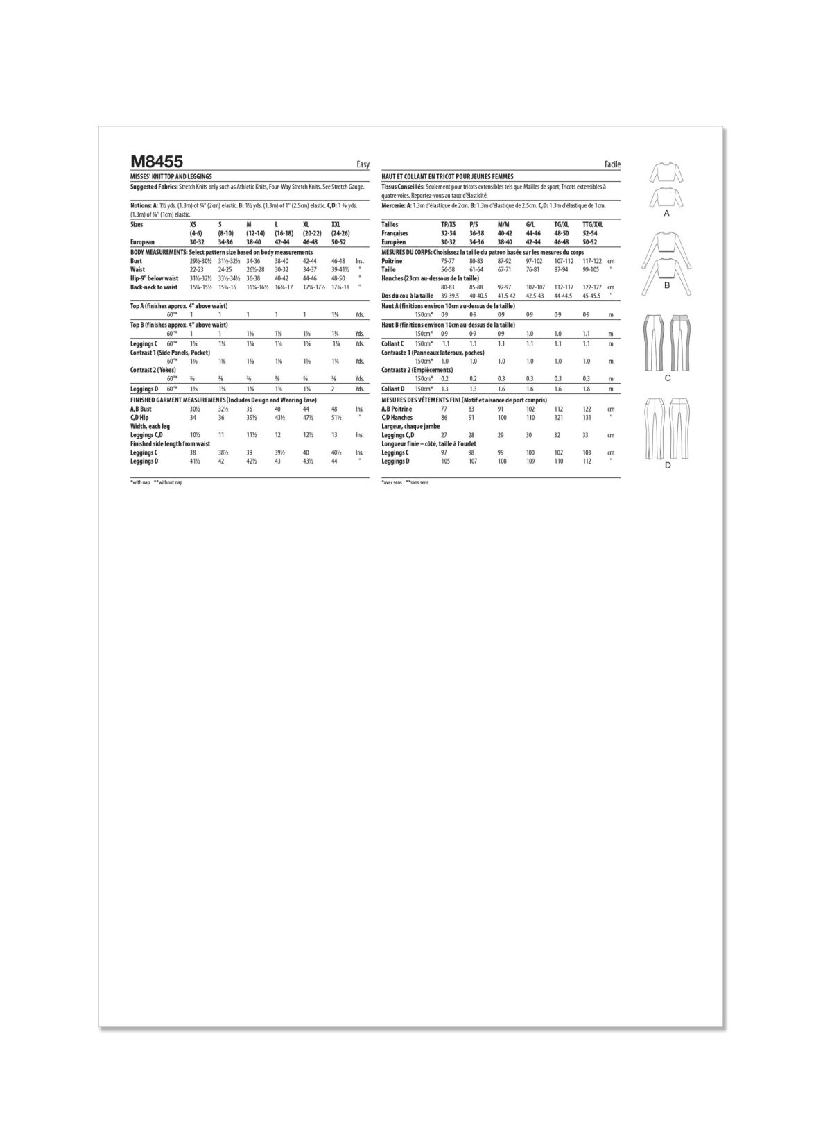 McCall’s Sewing Pattern M8455 Misses’ Knit Top and Leggings - Sewdirect