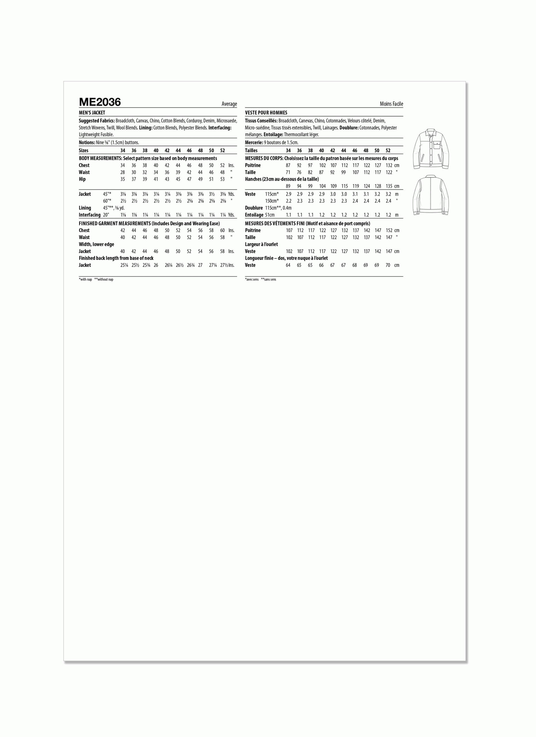 Know Me Sewing Pattern ME2036 Men’s Jacket - Sewdirect