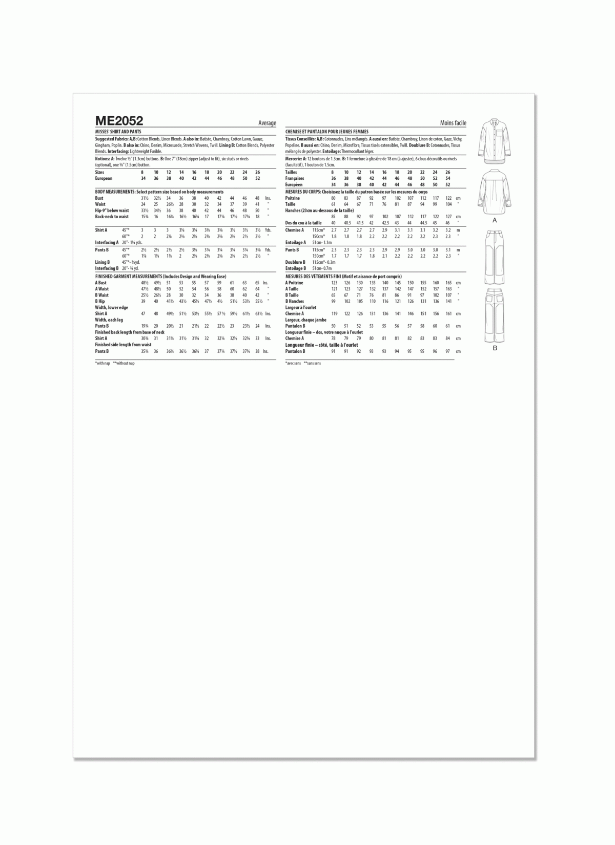 Know Me Sewing Pattern ME2052 Misses’ Shirt and Trousers by Beaute’ J ...