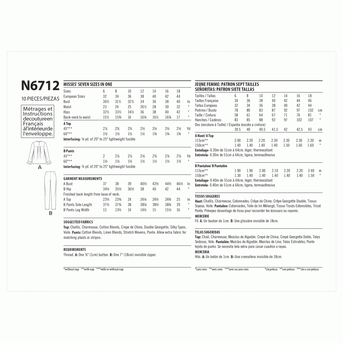 New Look Sewing Pattern N6712 Misses’ Top and Trousers - Sewdirect
