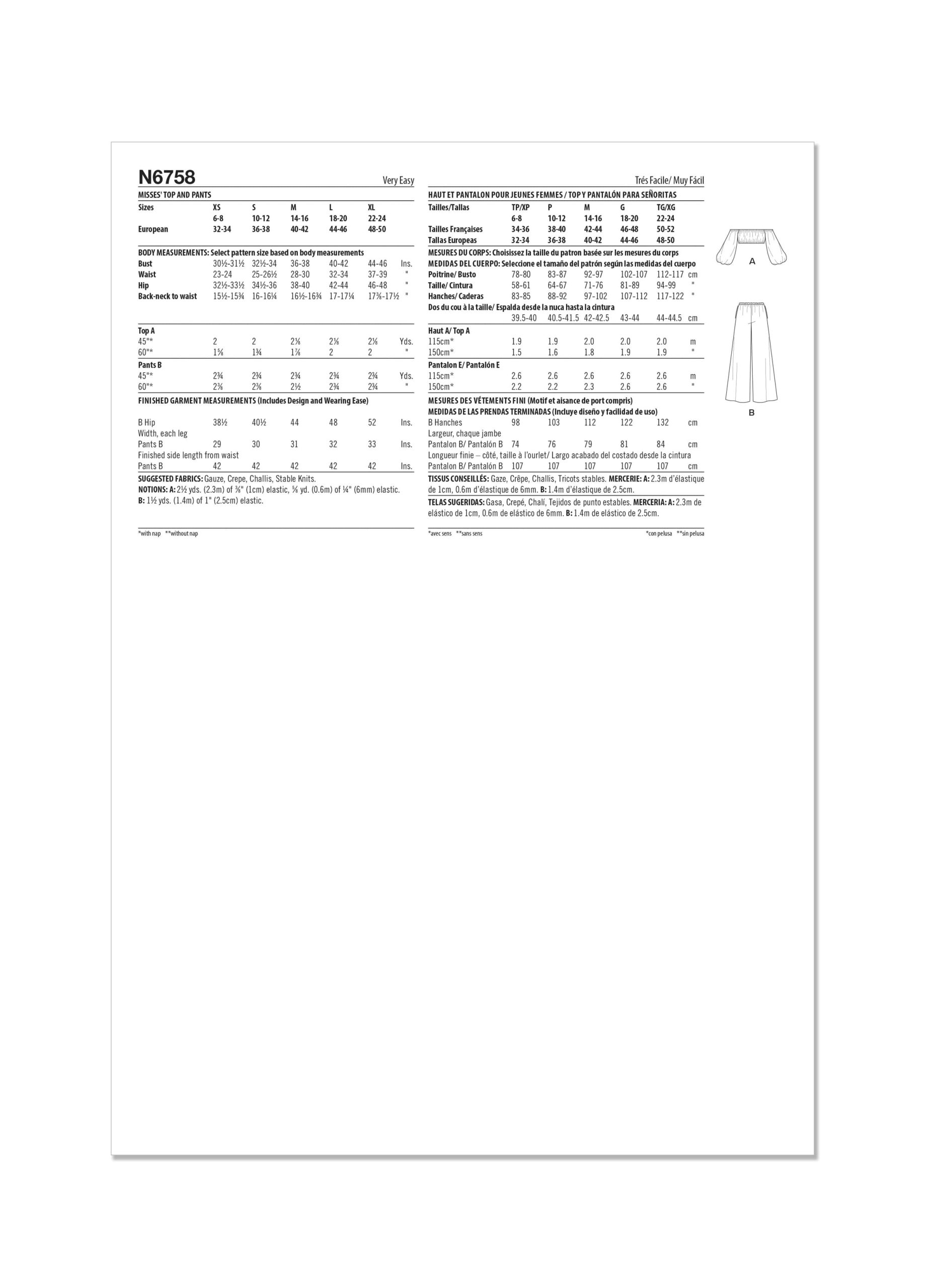 New Look Sewing Pattern N6758 Misses’ Top and Trousers - Sewdirect