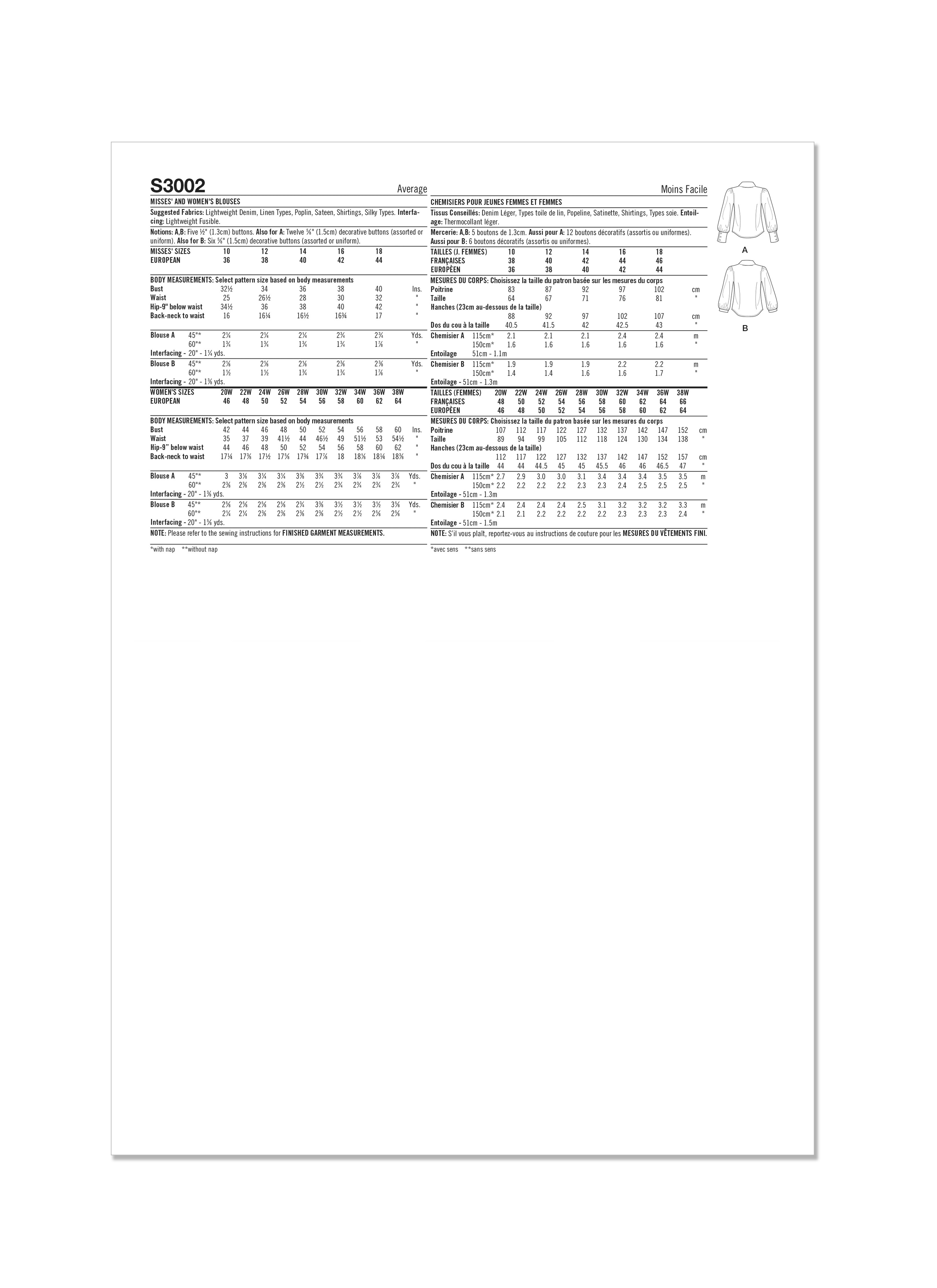 Simplicity Sewing Pattern S3002 Misses’ and Women’s Blouses - Sewdirect