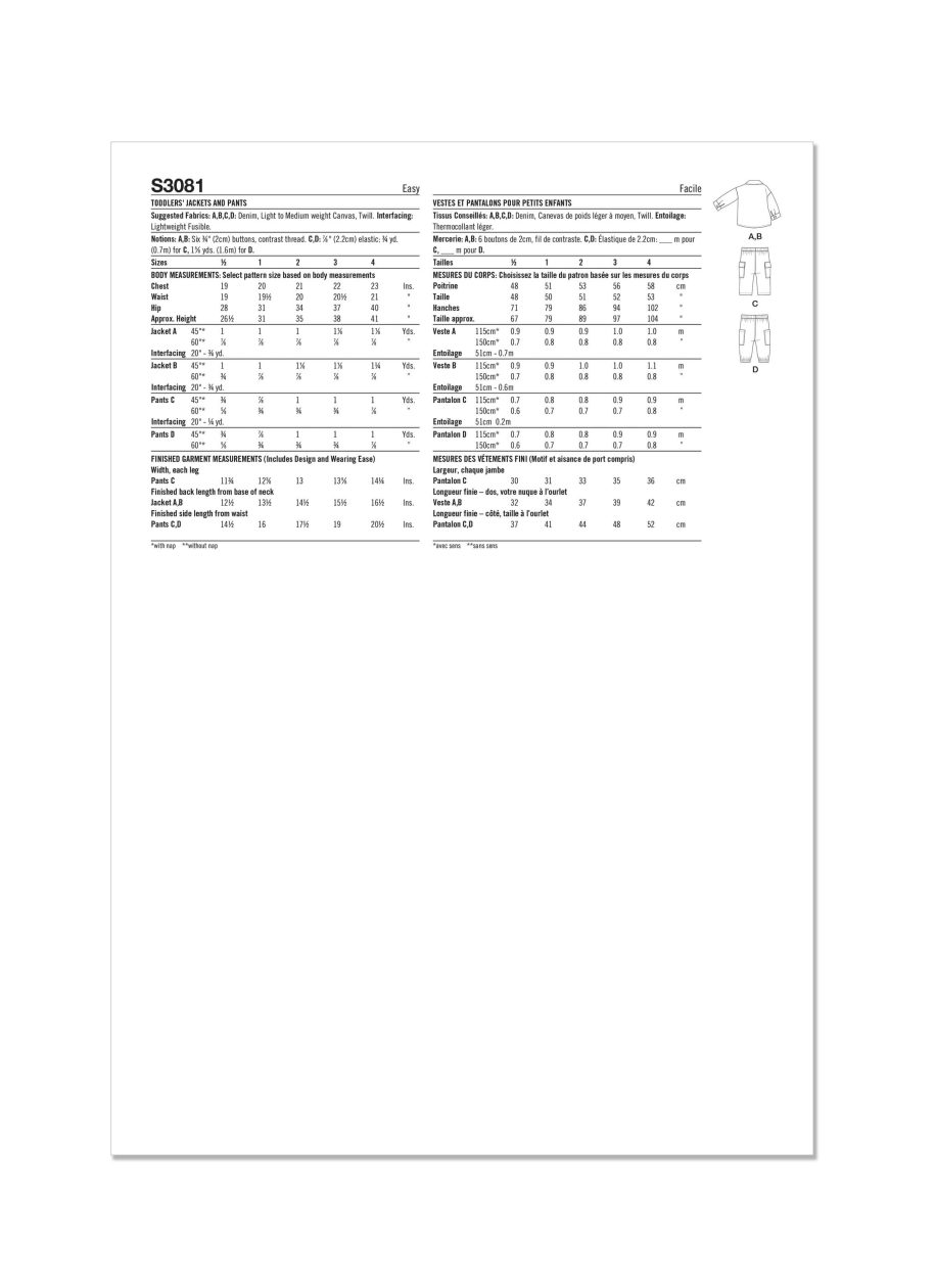 Simplicity Sewing Pattern S3081 Toddlers’ Jackets and Trousers - Sewdirect