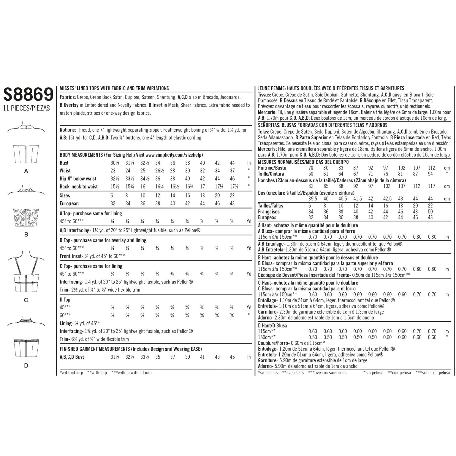 Simplicity Sewing Pattern S8869 Misses’ Lined Tops - Sewdirect