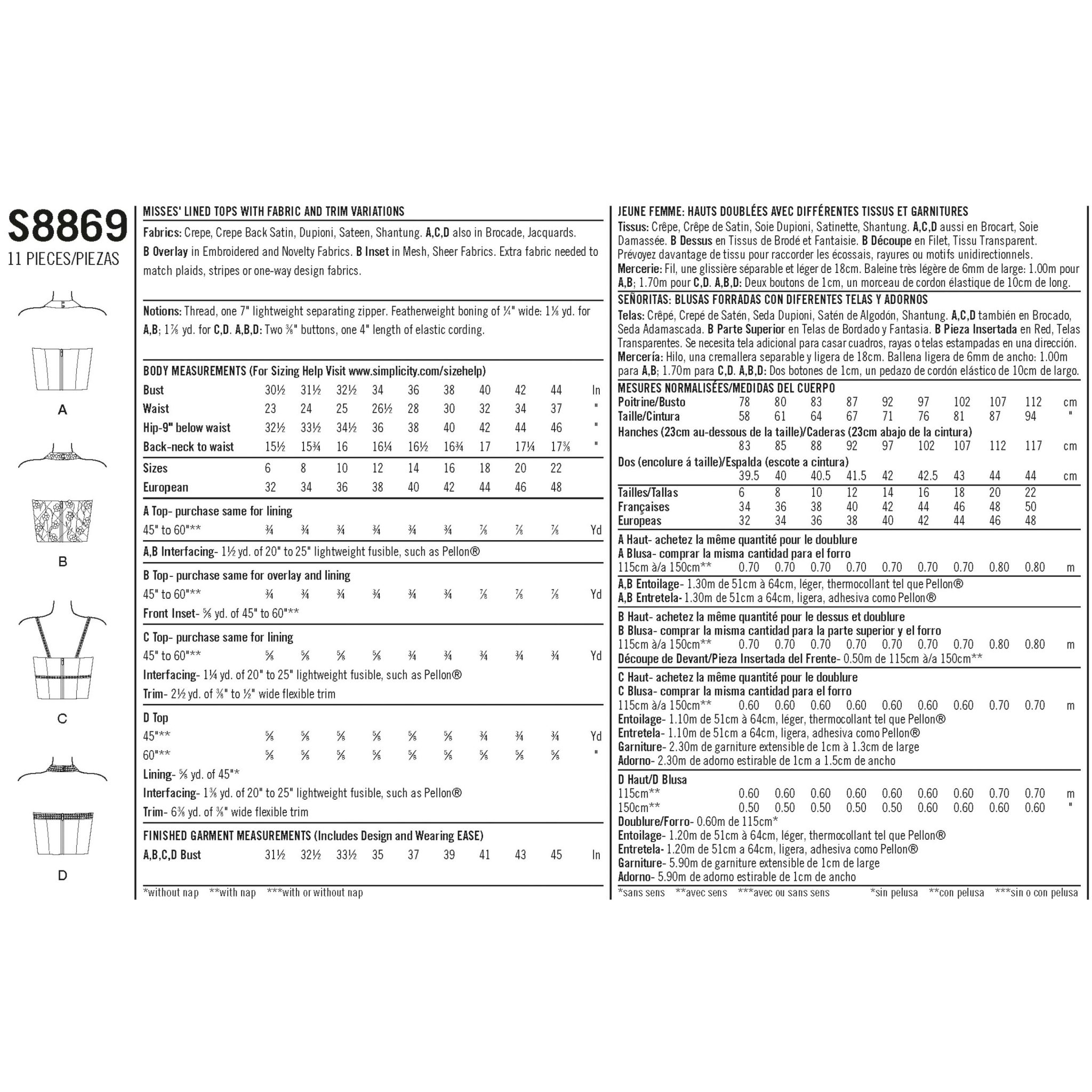 Simplicity Sewing Pattern S8869 Misses’ Lined Tops - Sewdirect