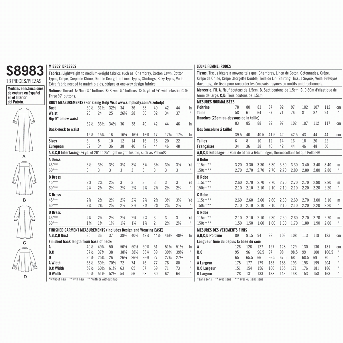 Simplicity Sewing Pattern S8983 Misses’ Dresses with Sleeve Variation ...