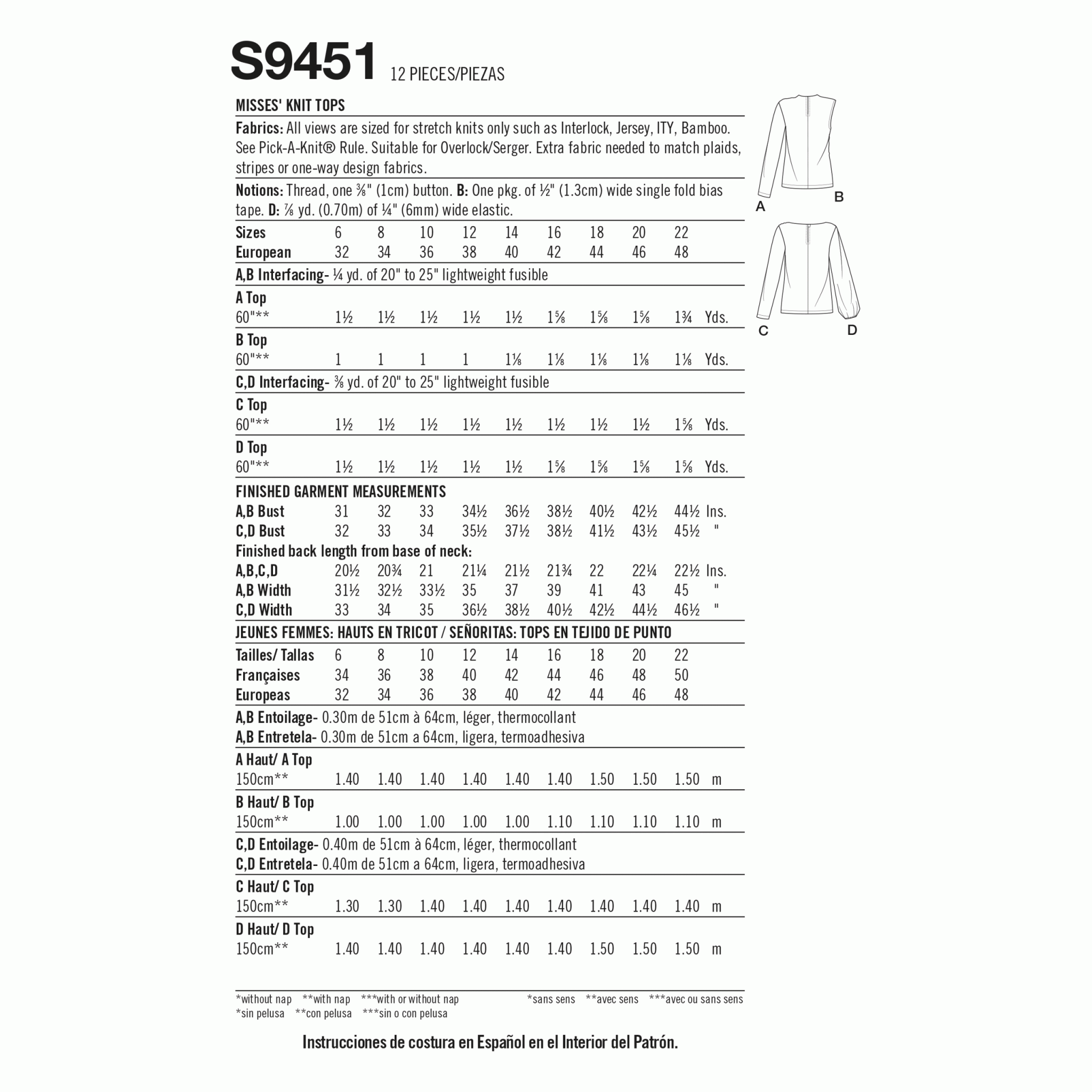 Simplicity Sewing Pattern S9451 Misses’ Knit Tops - Sewdirect