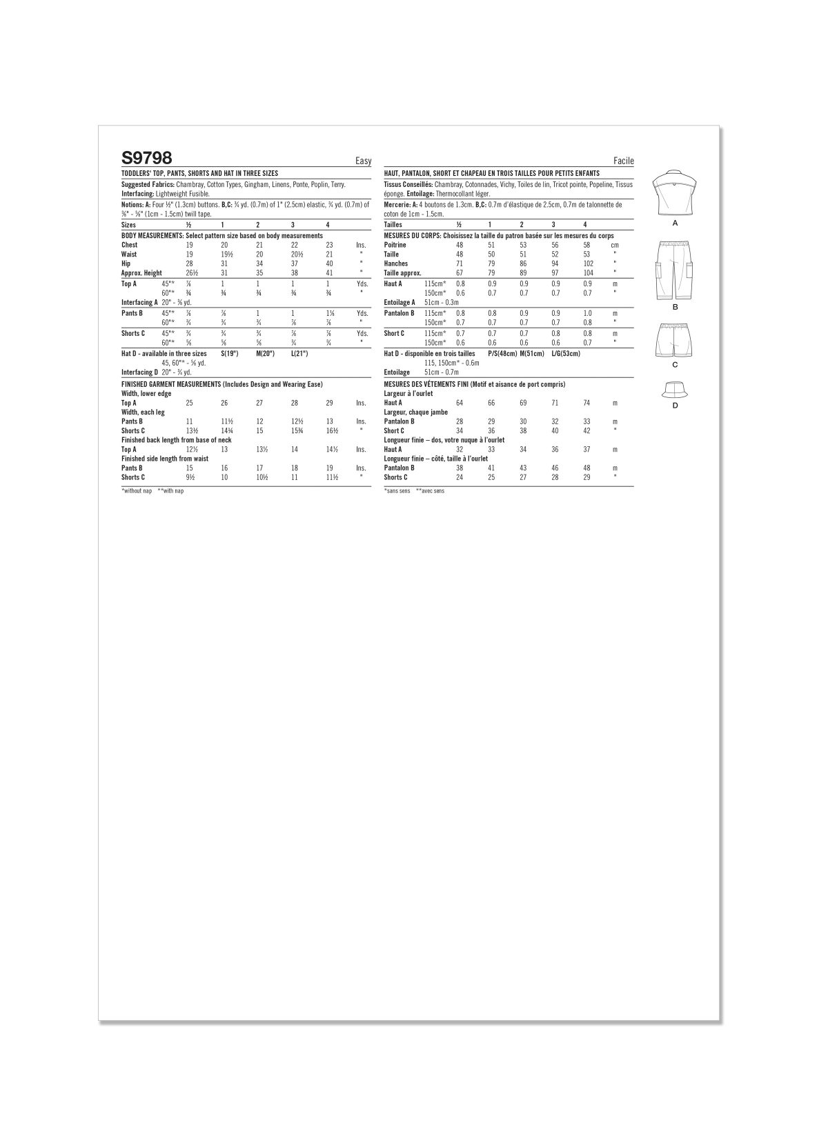 Simplicity Sewing Pattern S9798 Toddlers’ Top, Trousers, Shorts and Hat ...