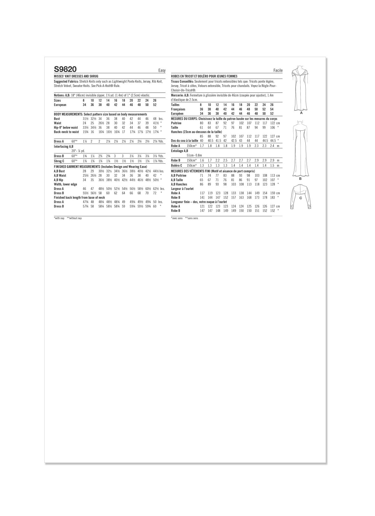 Simplicity Sewing Pattern S9820 Misses’ Knit Dresses and Shrug - Sewdirect