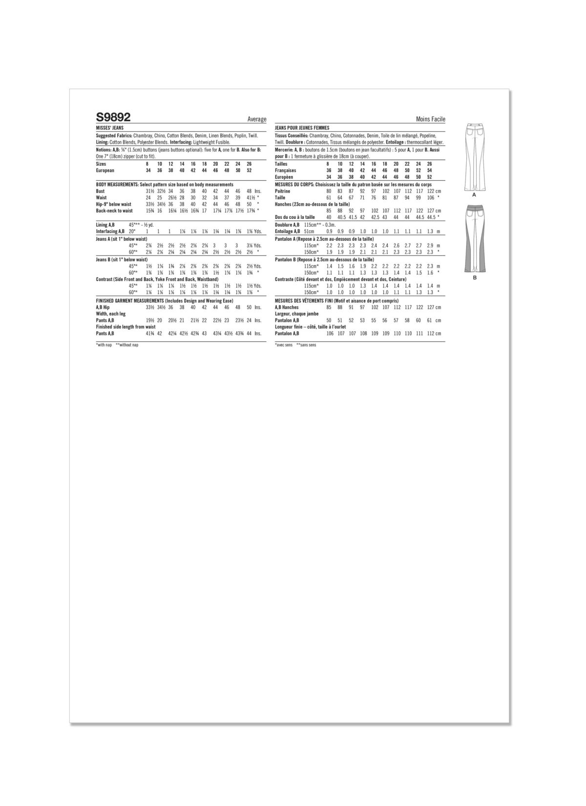 Simplicity Sewing Pattern S9892 Misses’ Jeans - Sewdirect