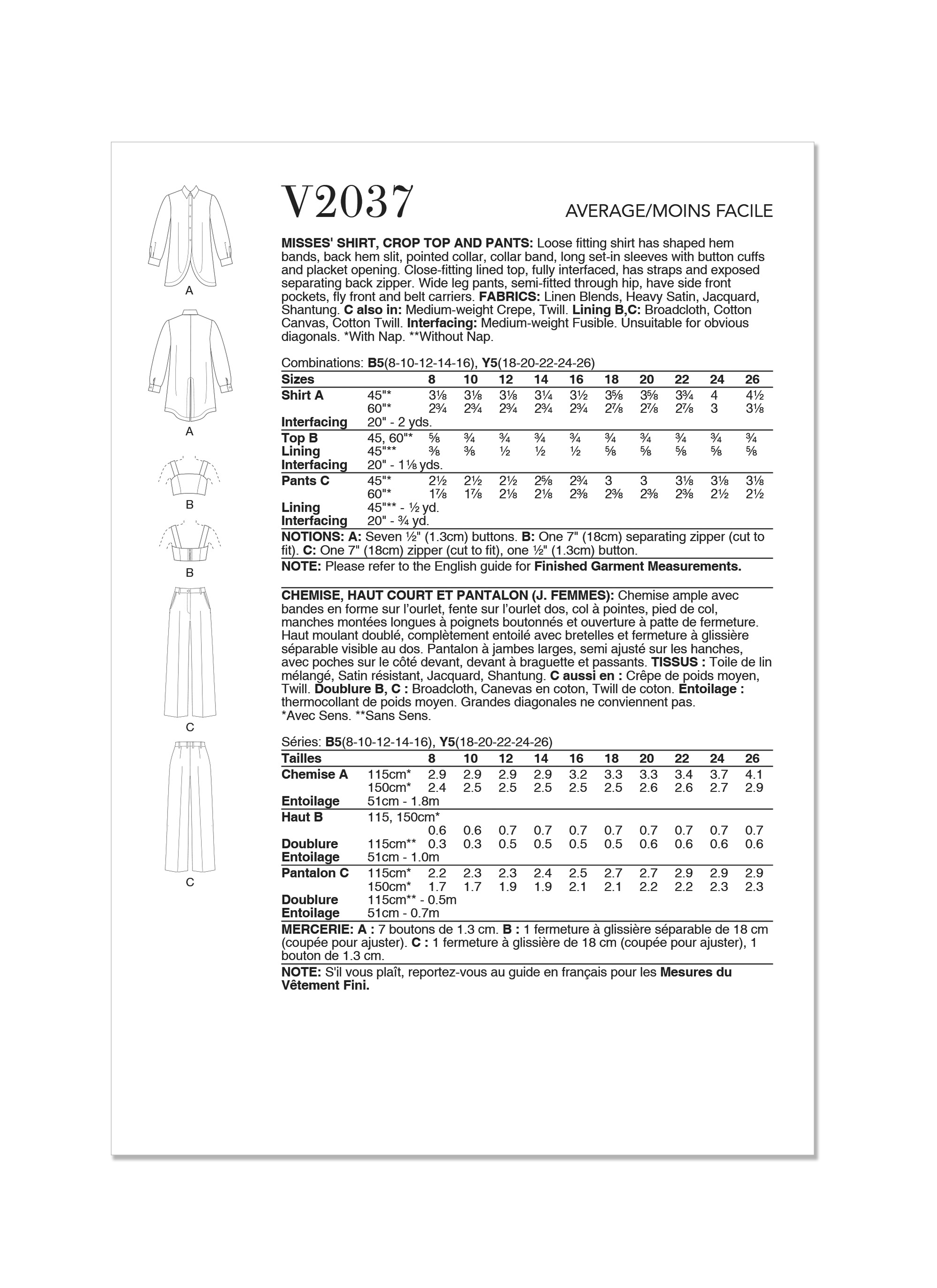 Vogue Patterns V2037 Misses’ Shirt, Crop Top and Trousers - Sewdirect