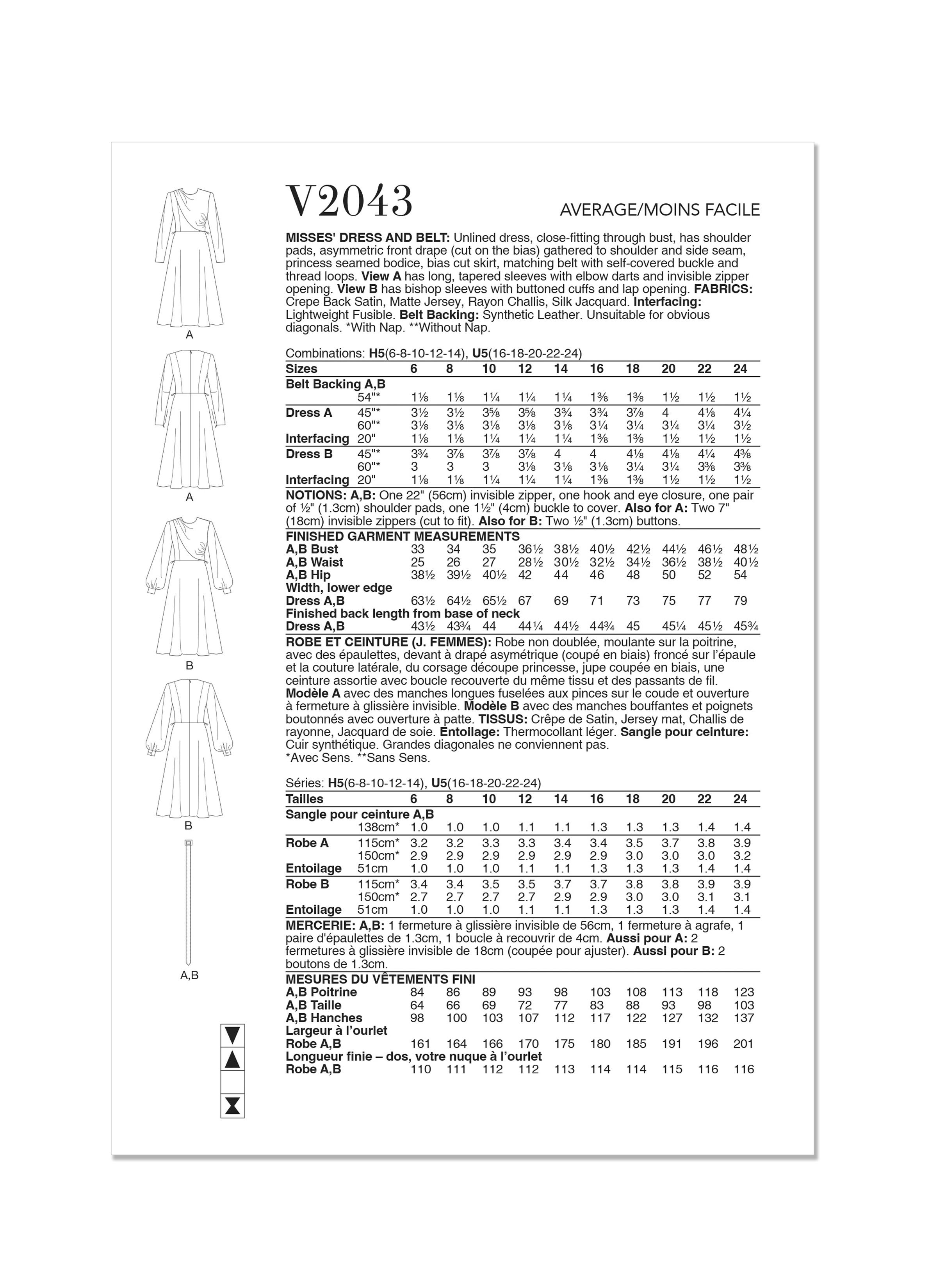 Vogue Sewing Pattern V2043 Misses’ Dresses and Belt - Sewdirect