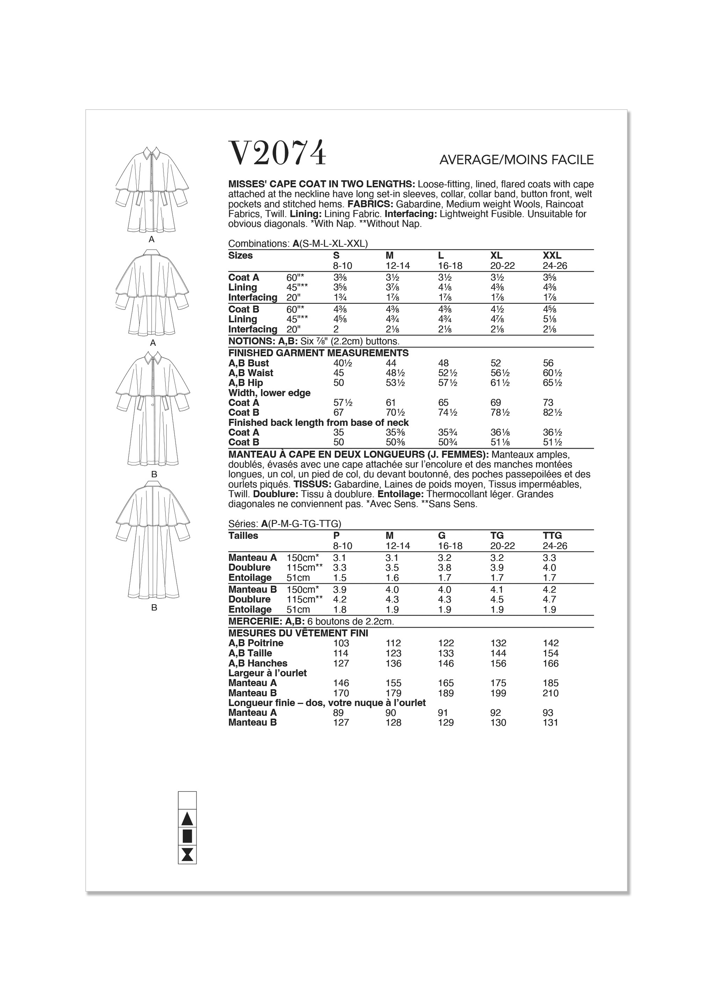 Vogue Sewing Pattern V2074 Misses’ Cape Coat in Two Lengths - Sewdirect
