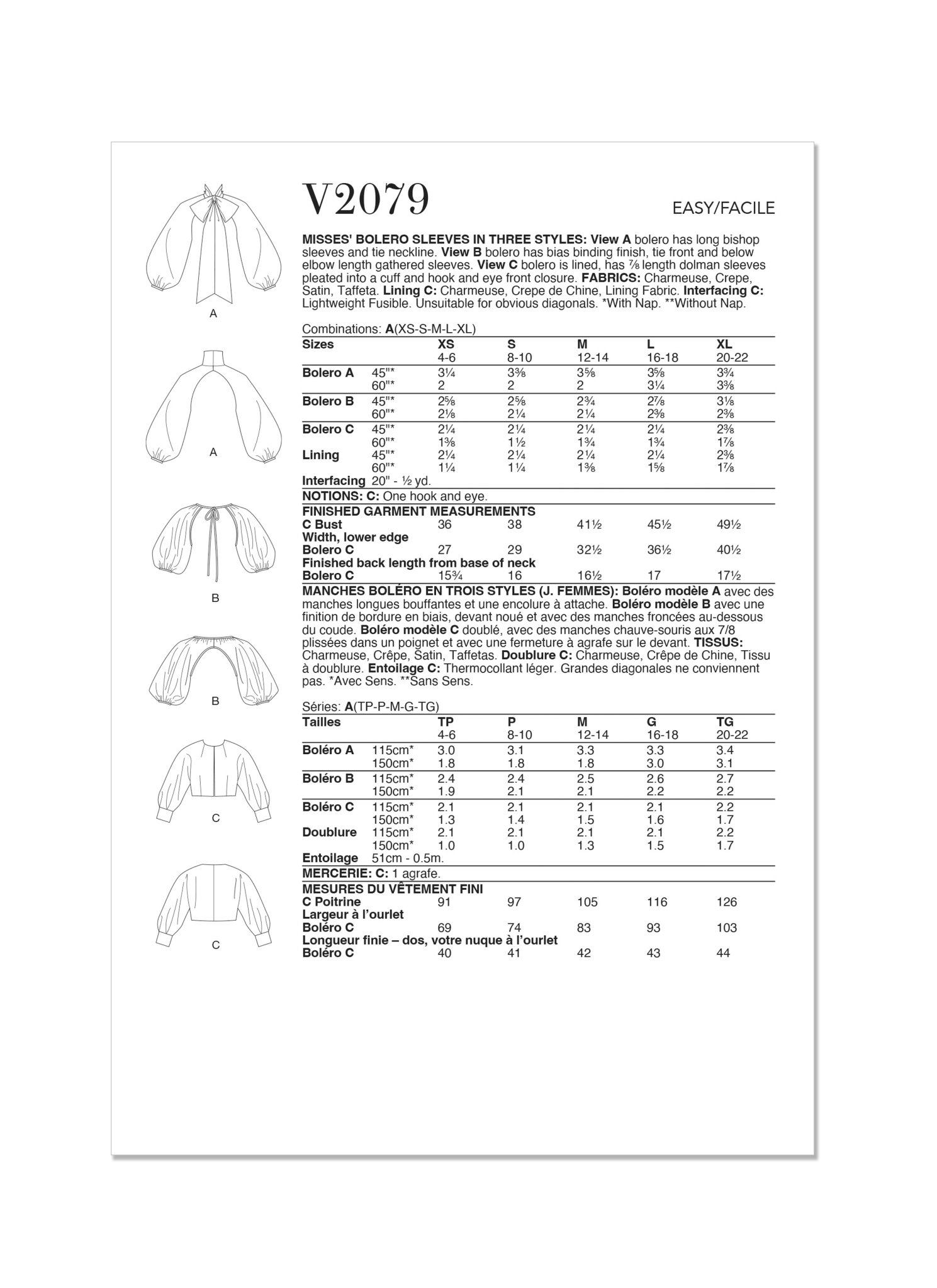 Vogue Sewing Pattern V2079 Misses’ Bolero Sleeves in Three Styles ...