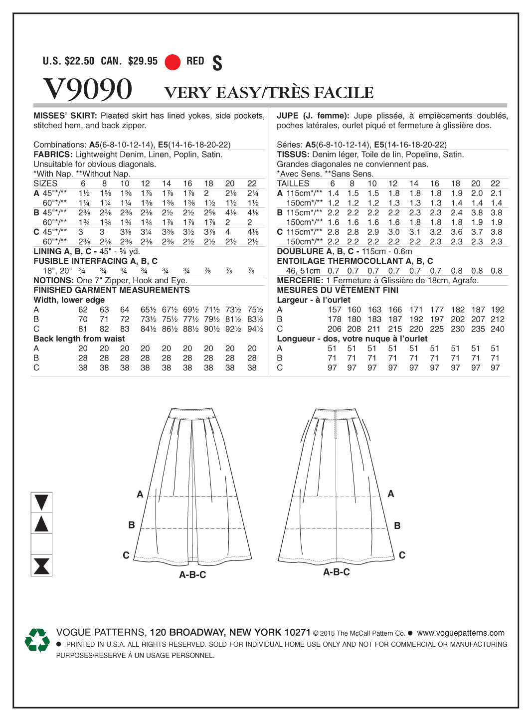 Vogue Patterns V9090 Misses’ Pleated Skirt - Sewdirect