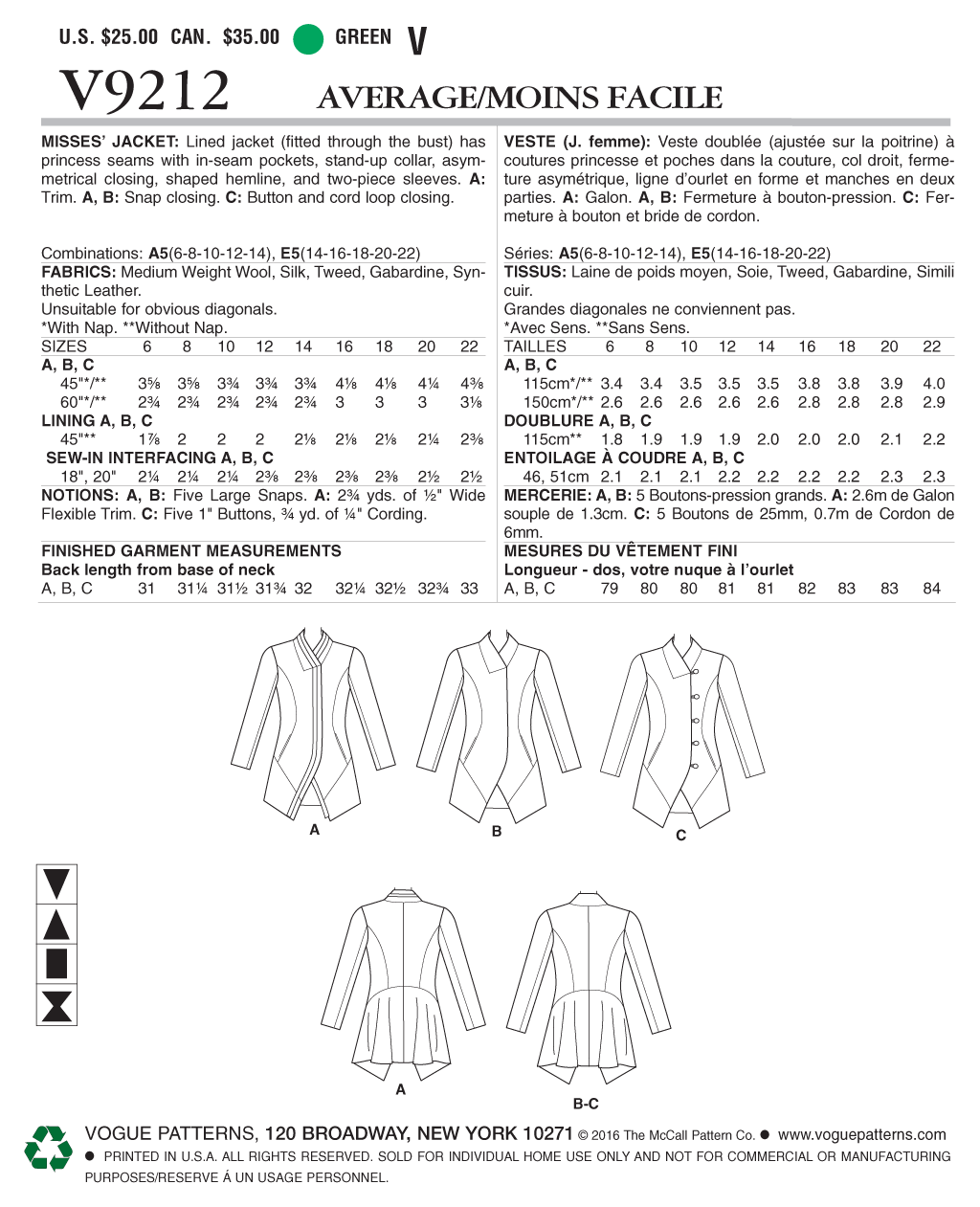 Vogue Patterns V9212 Misses’ Seamed and Collared Jackets - Sewdirect