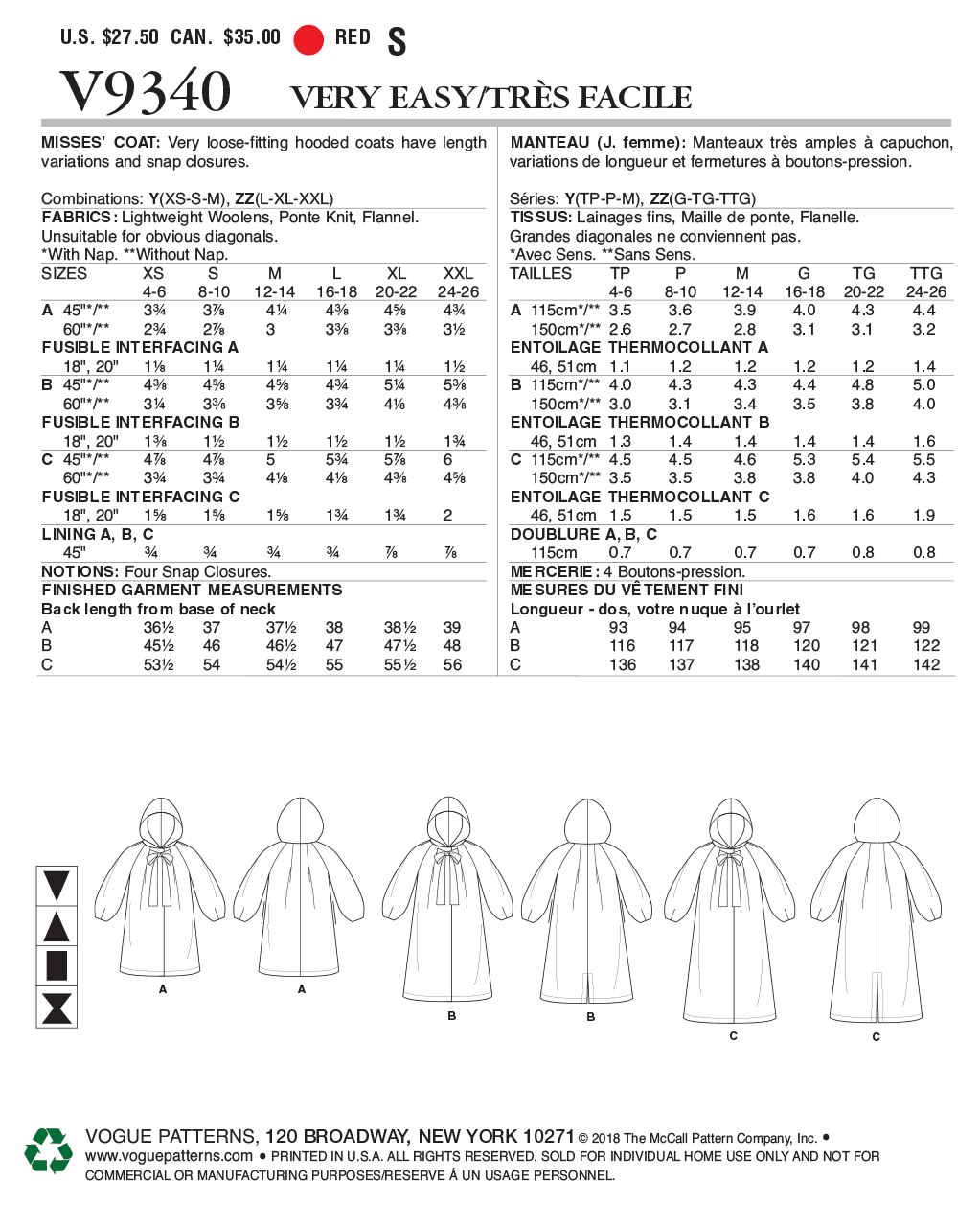 Vogue Patterns V9340 Misses’ Coat - Sewdirect